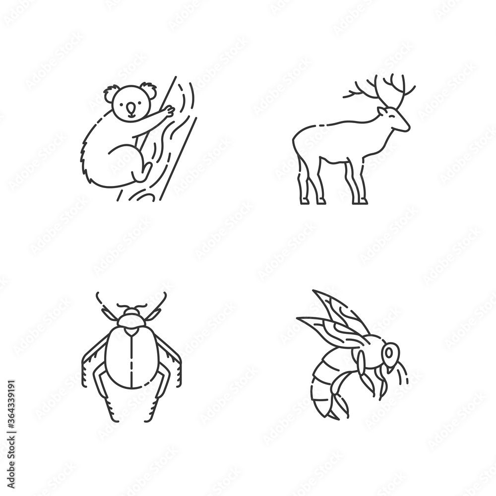 Mammals and insects pixel perfect linear icons set. Koala, forest deer ... Mammals and insects pixel perfect linear icons set. Koala, forest deer ...