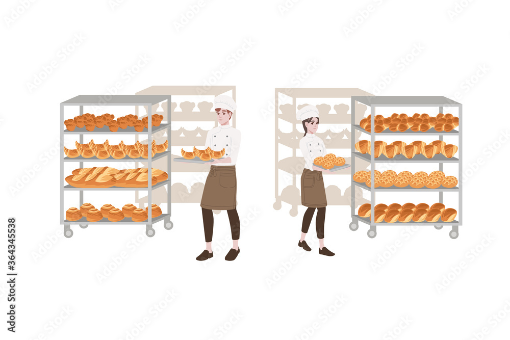 Bakery manufacturer male and female chef cook with baking tray and ...
