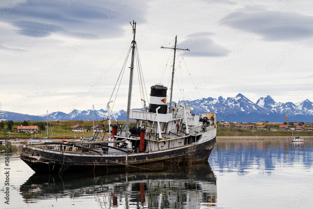 The wreck of the Saint Christopher aground in the harbor of Ushuaia ...