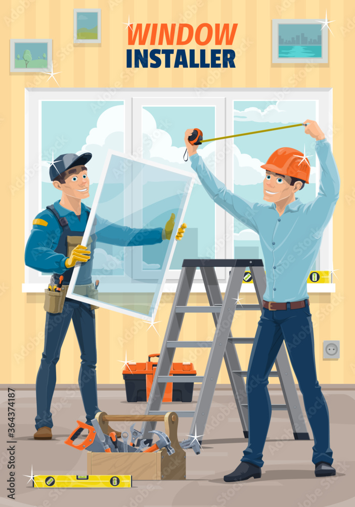 Window installer workers, house construction and carpenter service ...