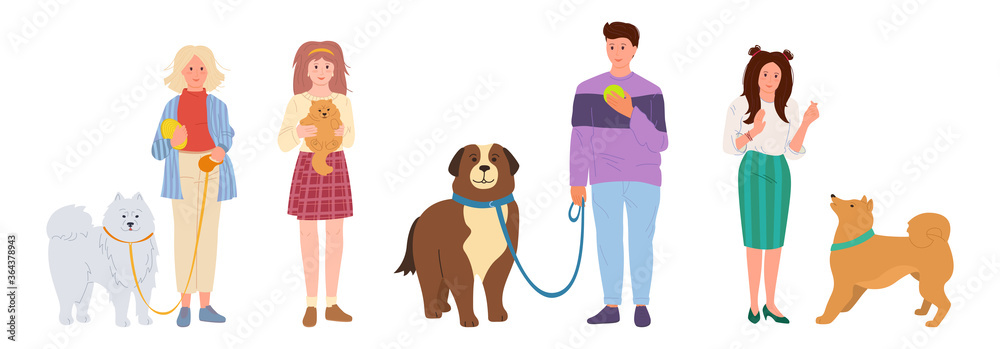 People walking dogs. Cute pet flat cartoon set. Girl and guy playing ...