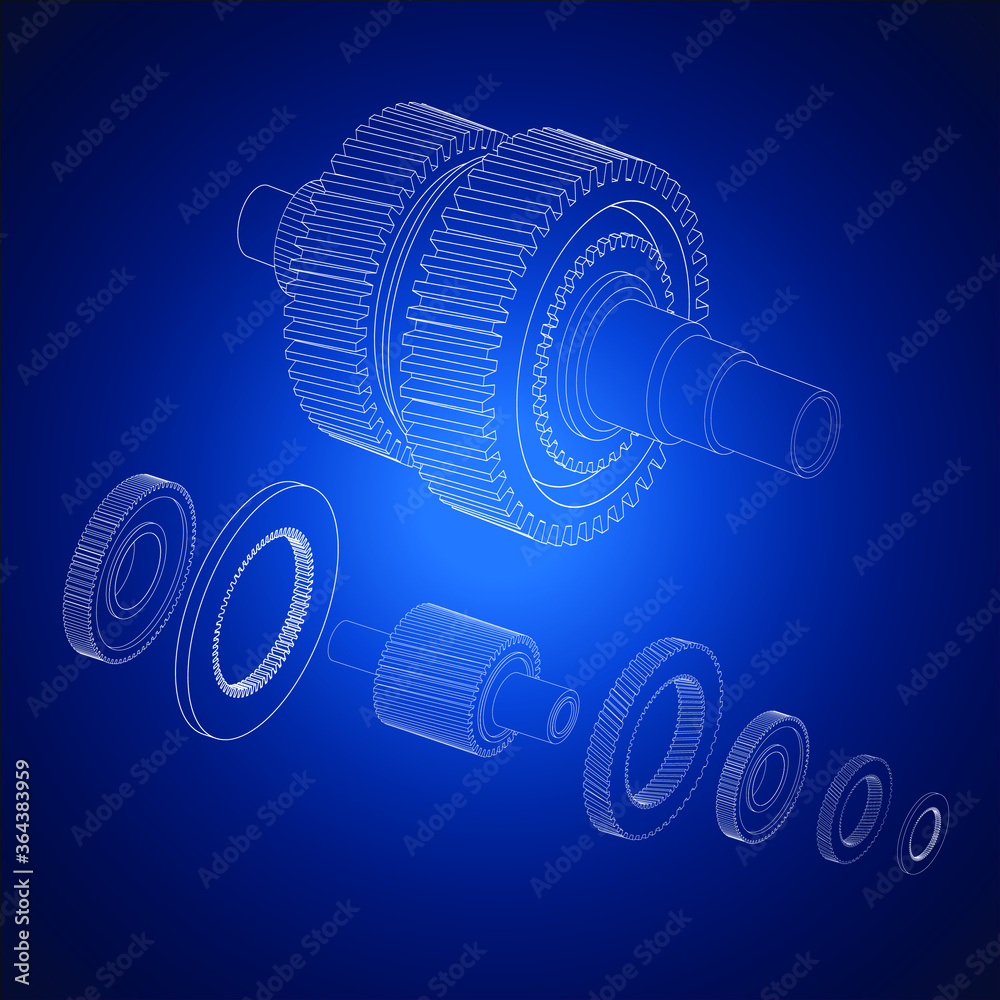 Drawing of the gearbox and its parts in the transmission system of the ...