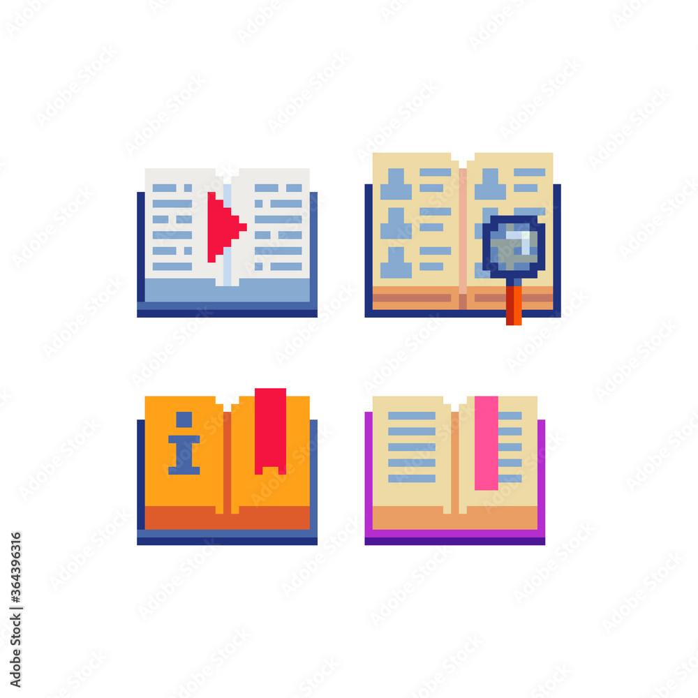 Open books set, book with a bookmark and magnifier. Design for app ...