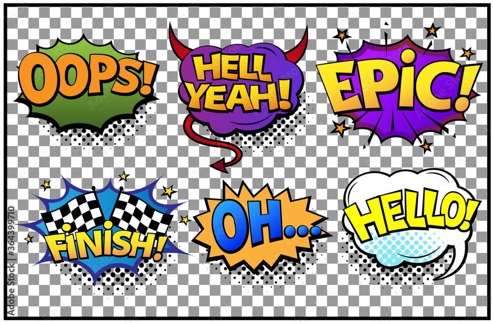 Comic speech bubbles set with different emotions and text Oops, Hell ...