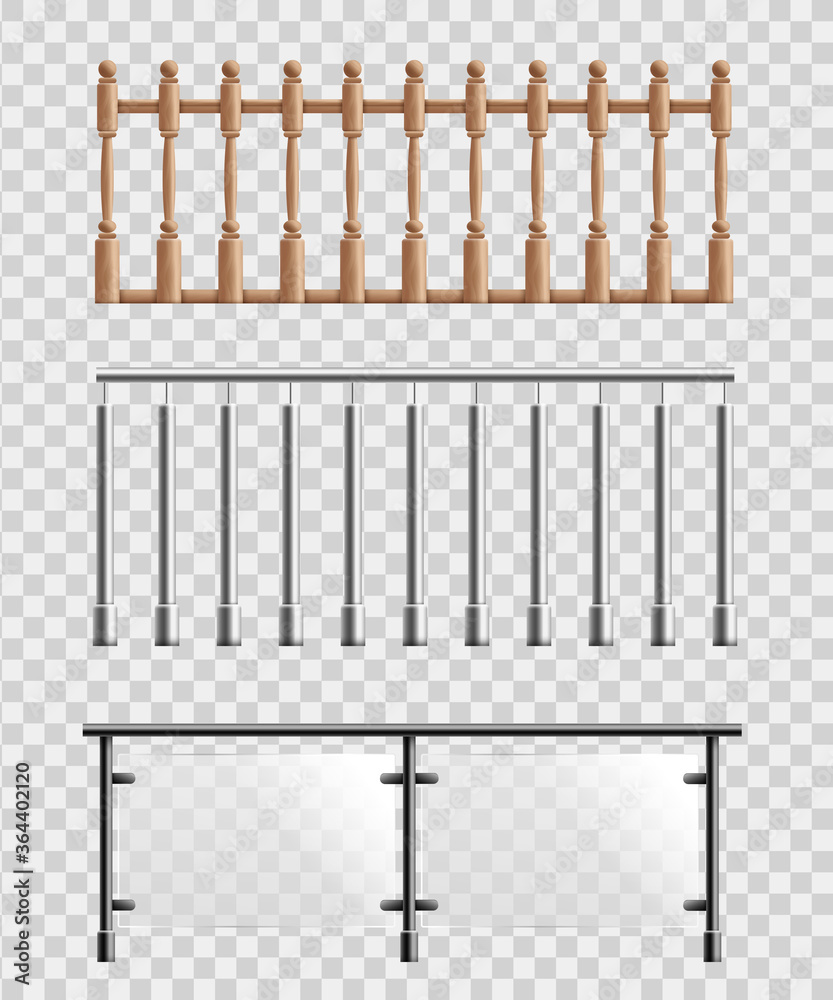 Set of stair railing or handrail realistic vector mockup illustration ...