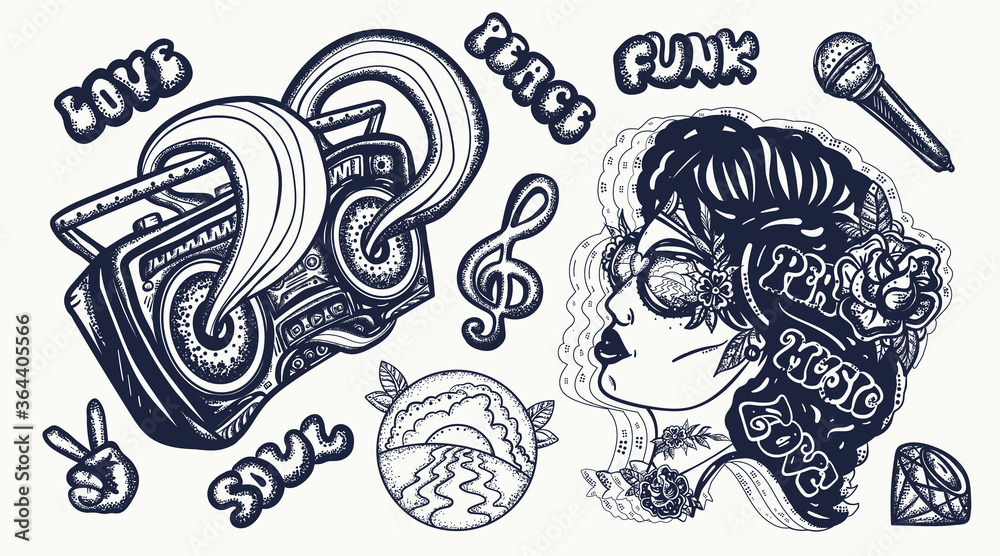 Retro funk and hippie music collection. Tattoo vector set. Disco, soul ...