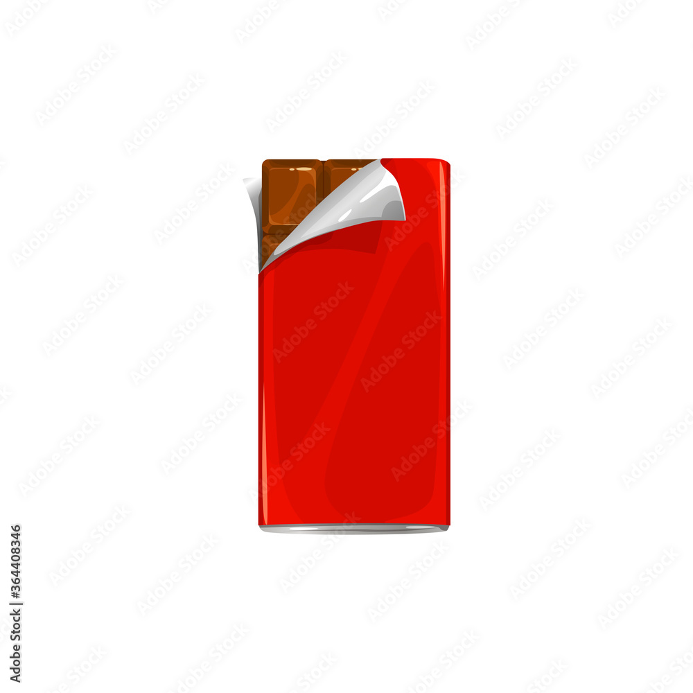 Chocolate bar in candy wrapper, vector icon of package with open corner ...