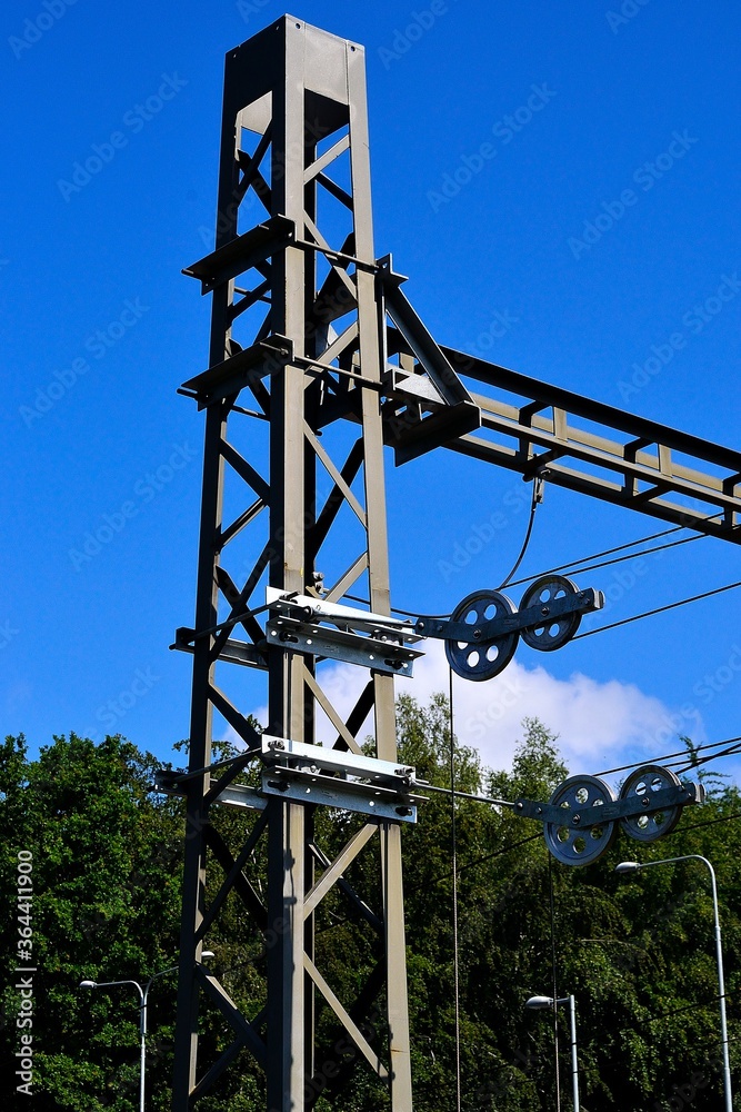 mast carrying the tensioning pulleys of the trolley on the electrified ...