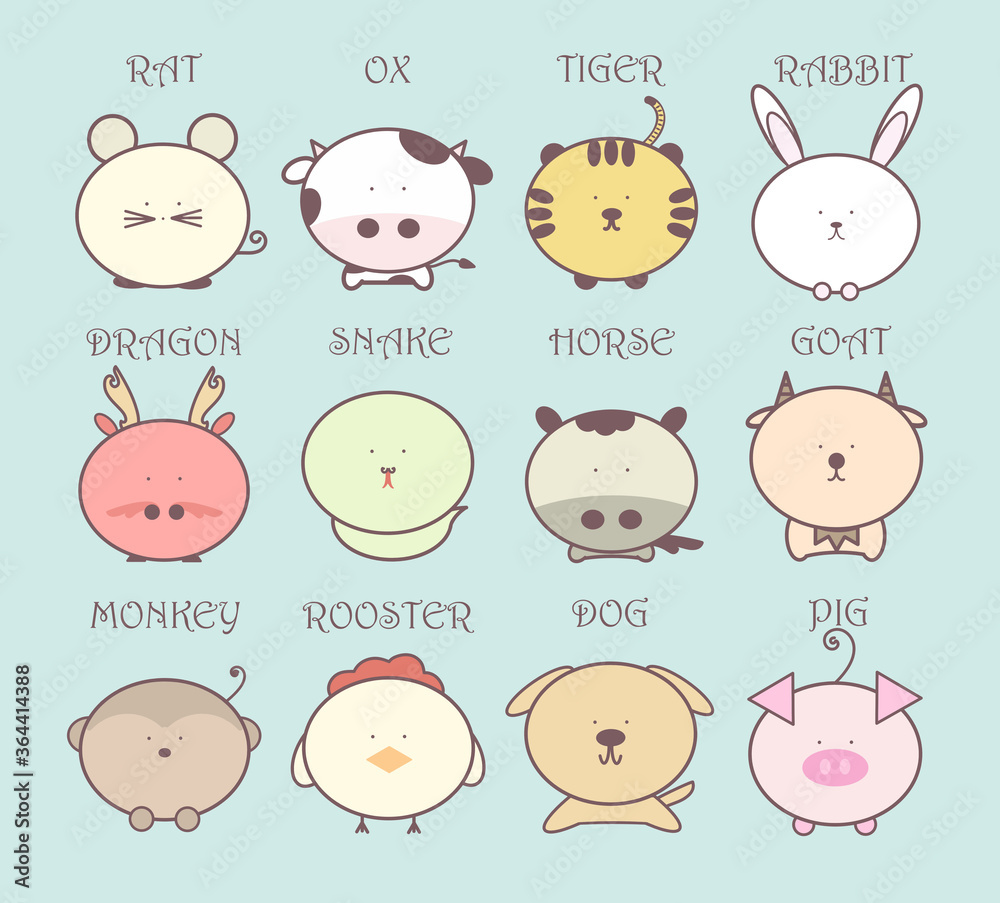 Animals Chinese zodiac signs. Set of hand drawn vector isolated on ...