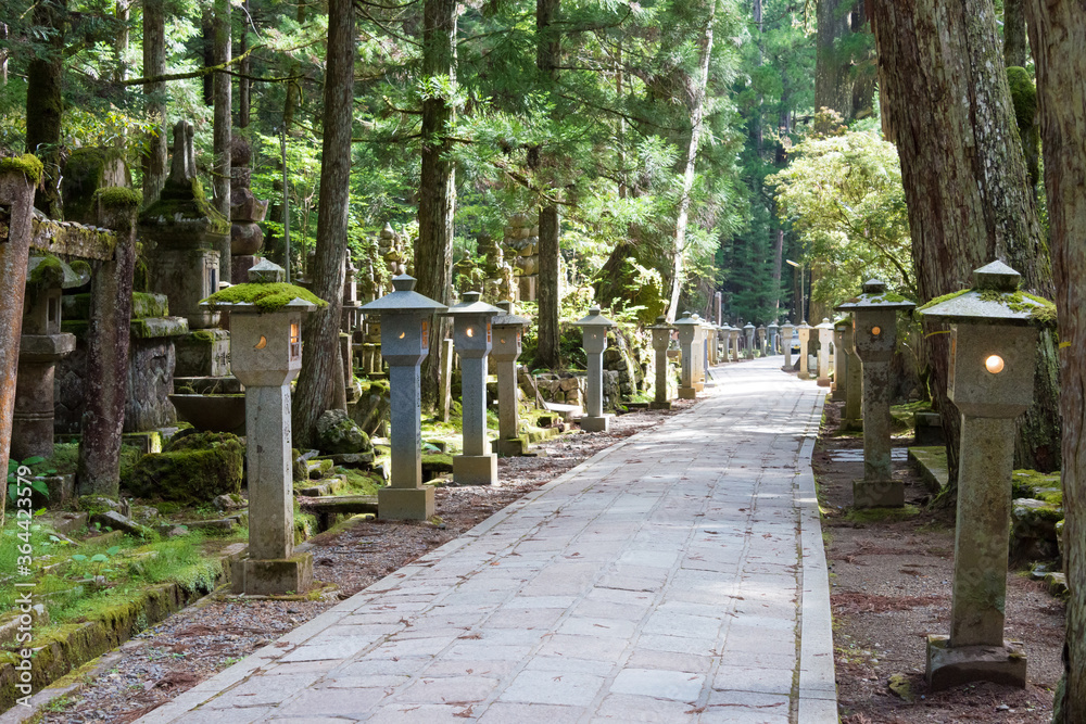 Okunoin Cemetery at Mount Koya in Koya, Wakayama, Japan. Mount Koya is ...
