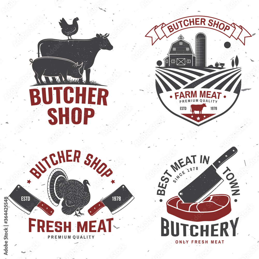 Set of butcher shop badge or label with cow, Beef, chicken. Vector ...