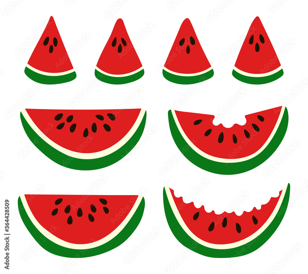Ripe red watermelons. Whole and slices of watermelons. Set of juicy ...