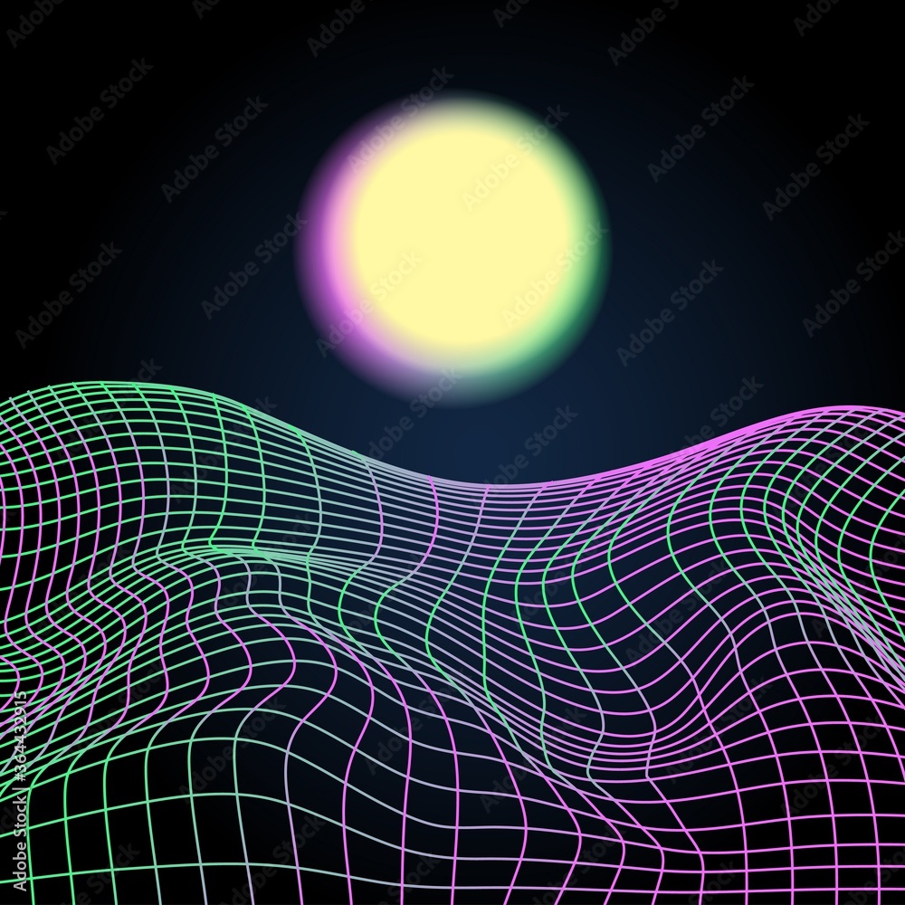 Moon night, abstract landscape. Distorted neon light grid pattern ...