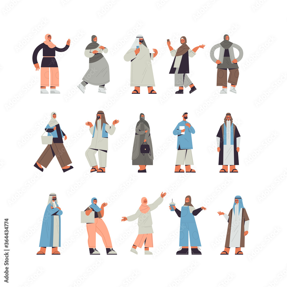 set arabic people in traditional clothes arab men women standing pose ...