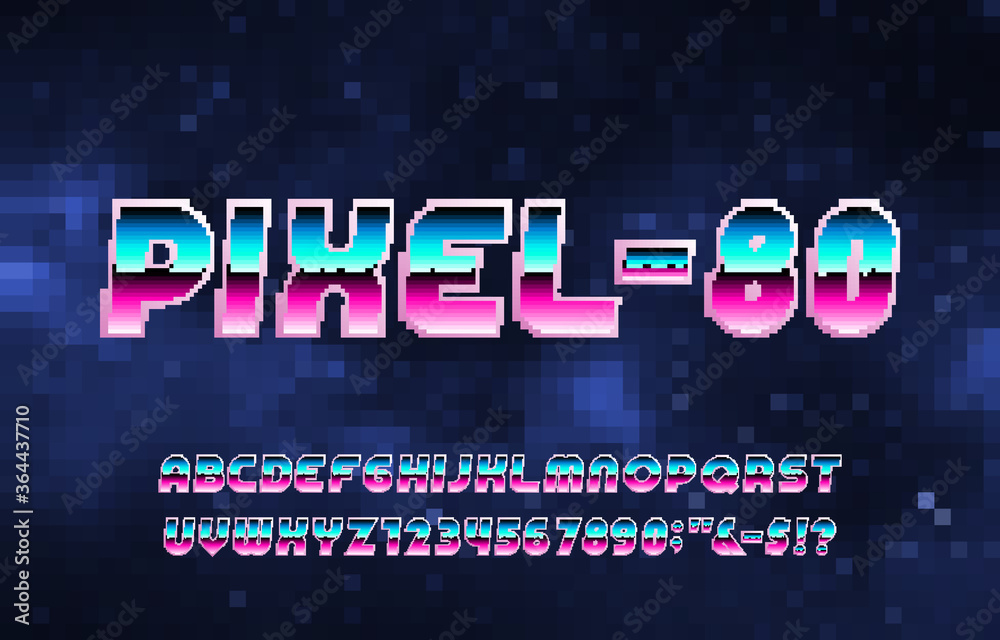 Pixel-80 alphabet font. Digital gradient letters and numbers. Abstract ...