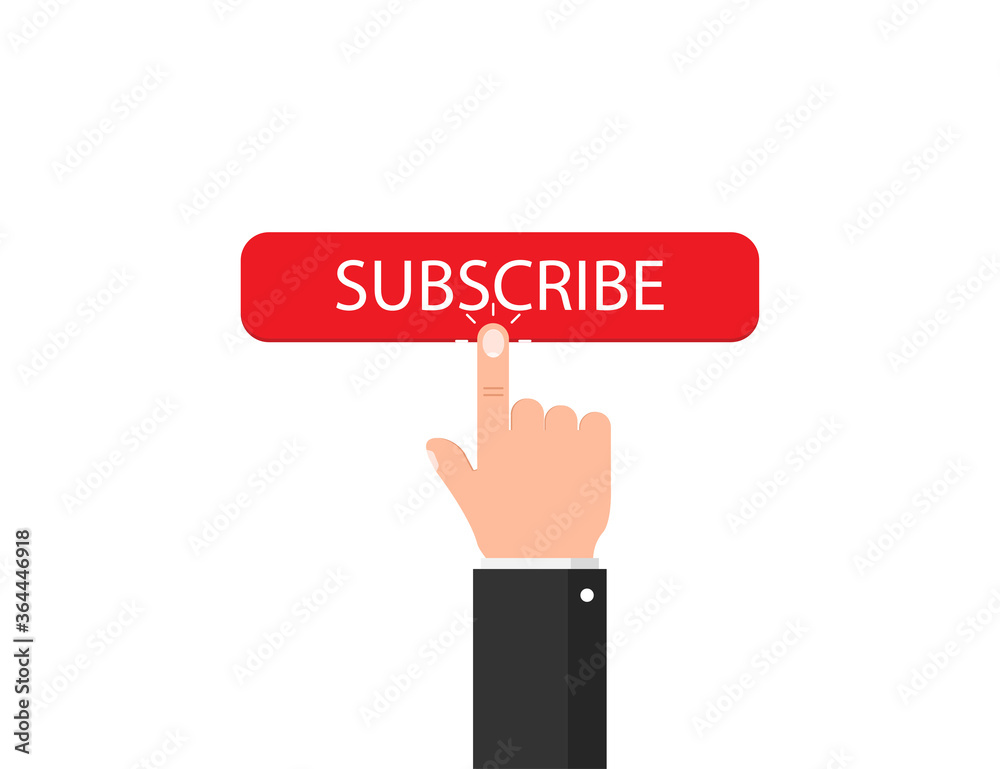 Subscribe button with clicking hand. Finger pointer with social button. Social member ...