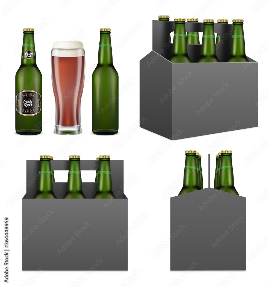 Dark beer pack mockup set, vector illustration isolated on white ...