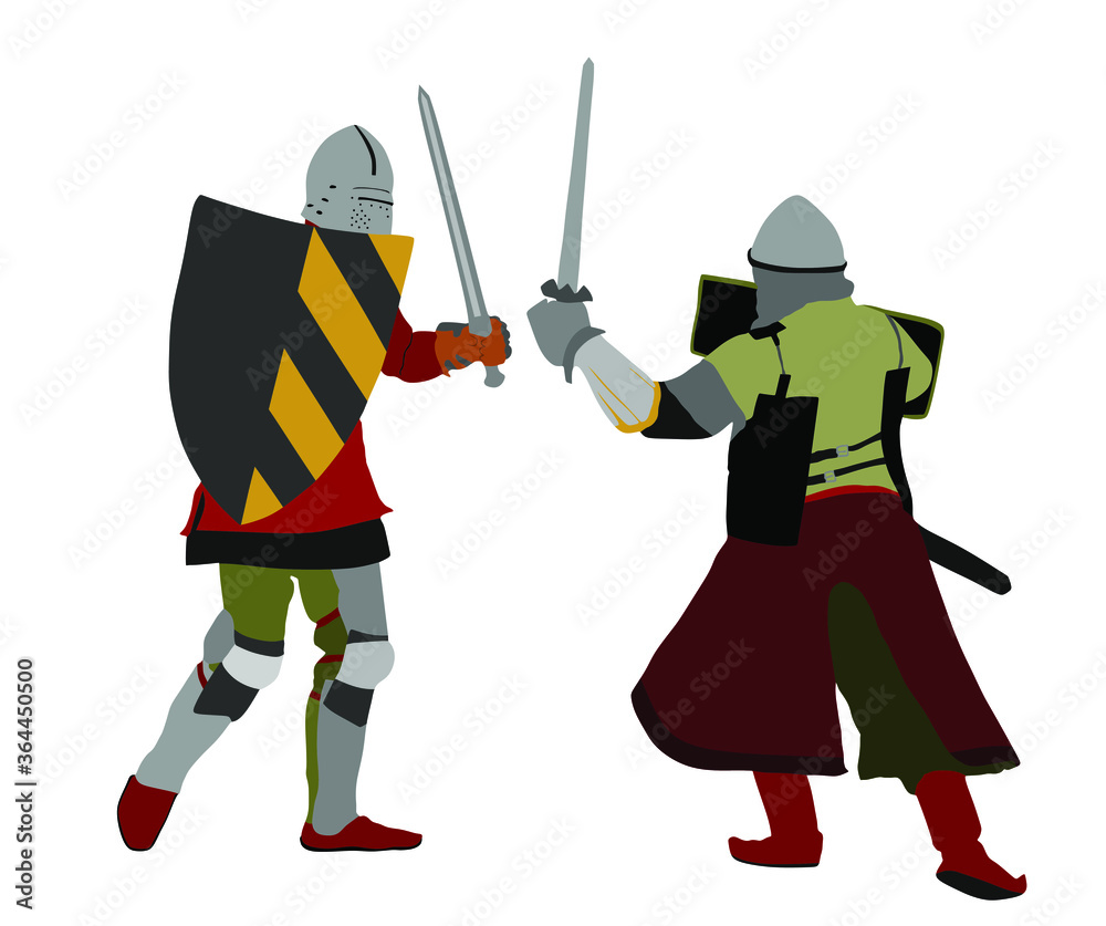 Knights in armor with sword fight vector illustration isolated on white ...