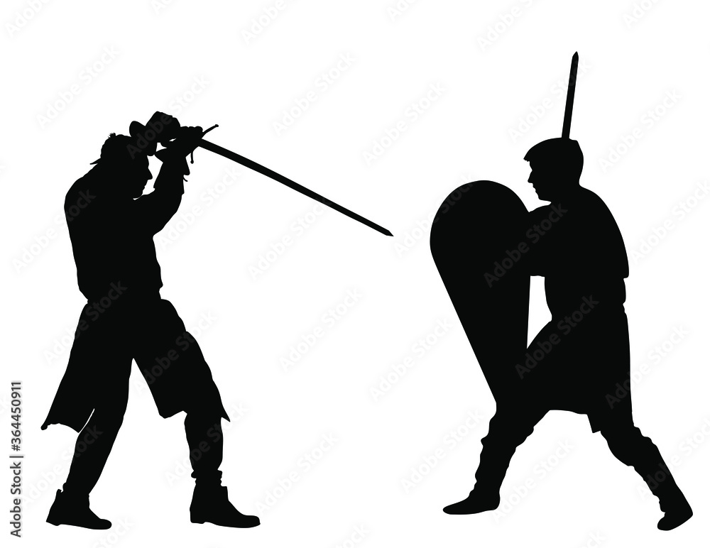 Fotografía Knights in armor with sword fight vector silhouette isolated ...