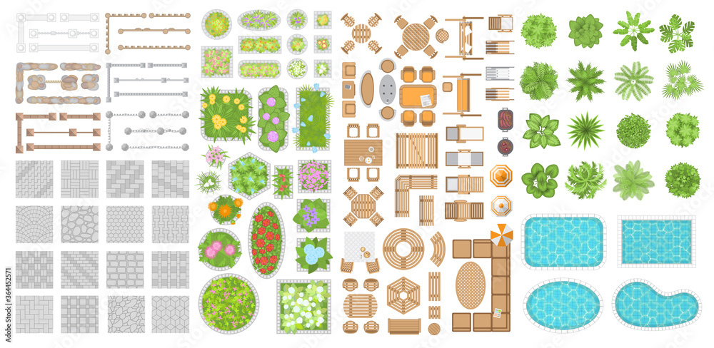 Collection for landscape design, plan, maps. (Top view) Trees, flower ...