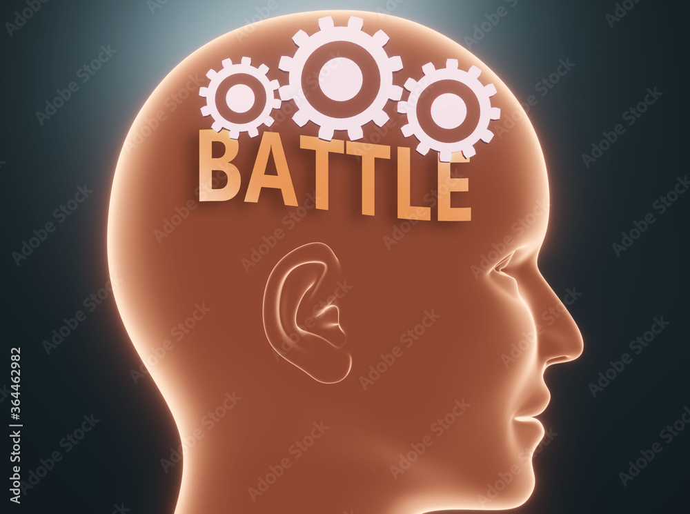Battle inside human mind - pictured as word Battle inside a head with ...
