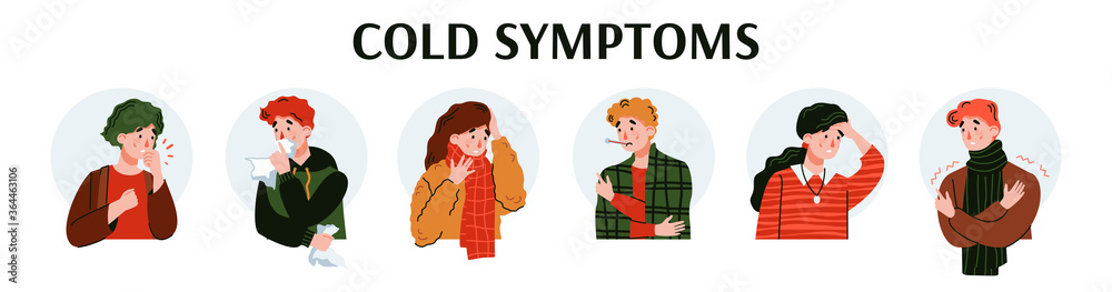 Common cold symptoms banner with sick people cartoon characters ...