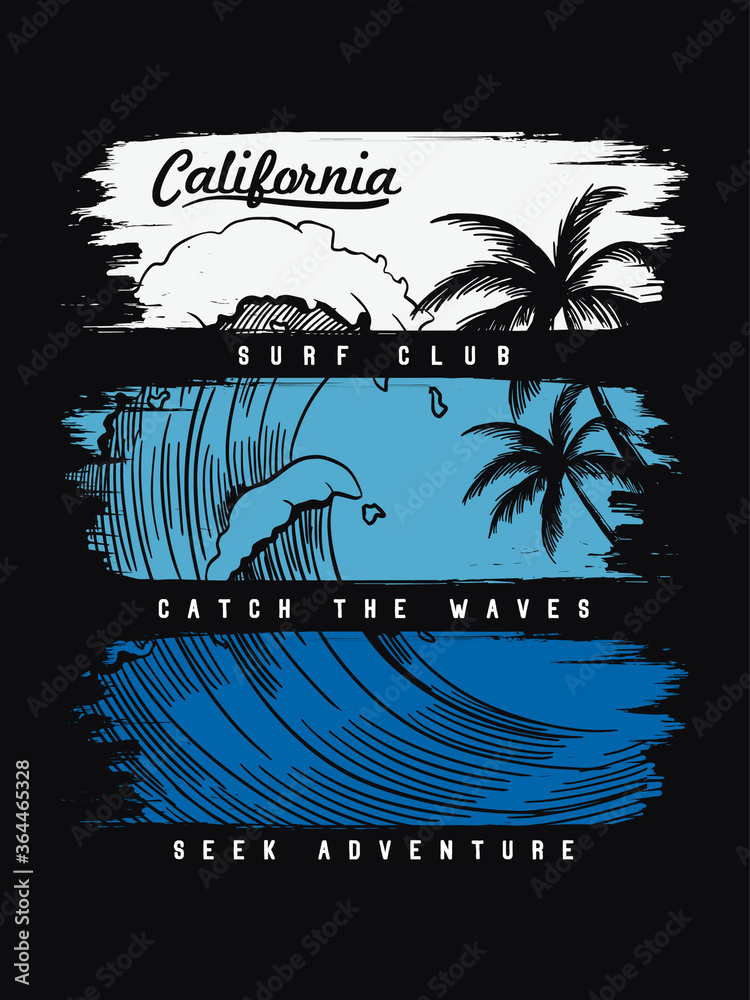 California beach text with waves and Palm trees vector illustrations ...