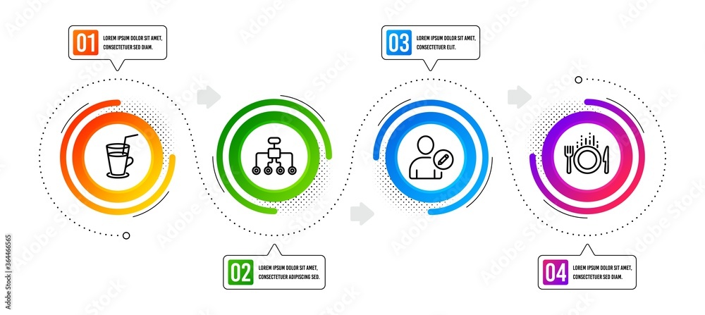 Food, Restructuring and Edit user line icons set. Infographic timeline ...
