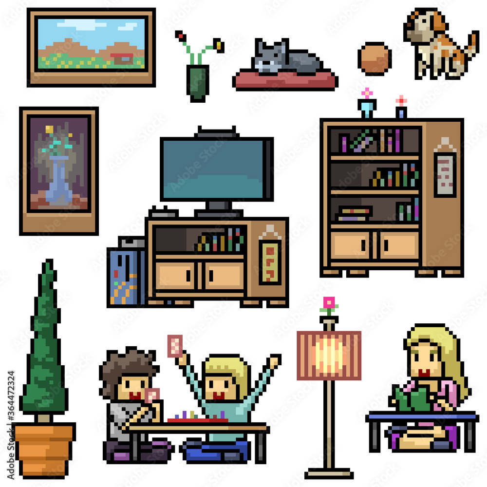 pixel art set isolated home living room vector de Stock | Adobe Stock