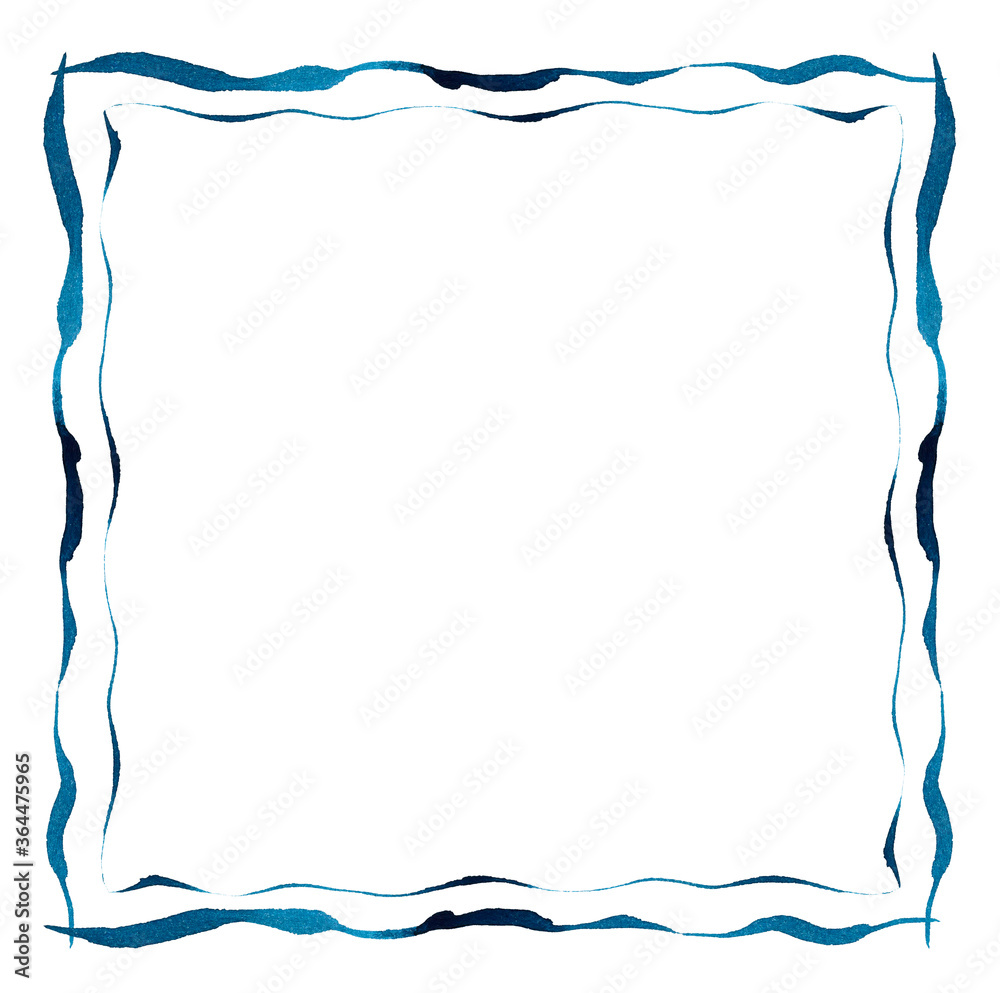 Frame of the double wavy blue stripes hand drawn in watercolor isolated ...