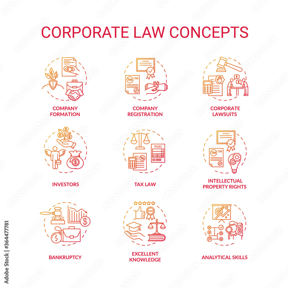 Corporate law concept icons set. Good lawyer knowledge. Company ...