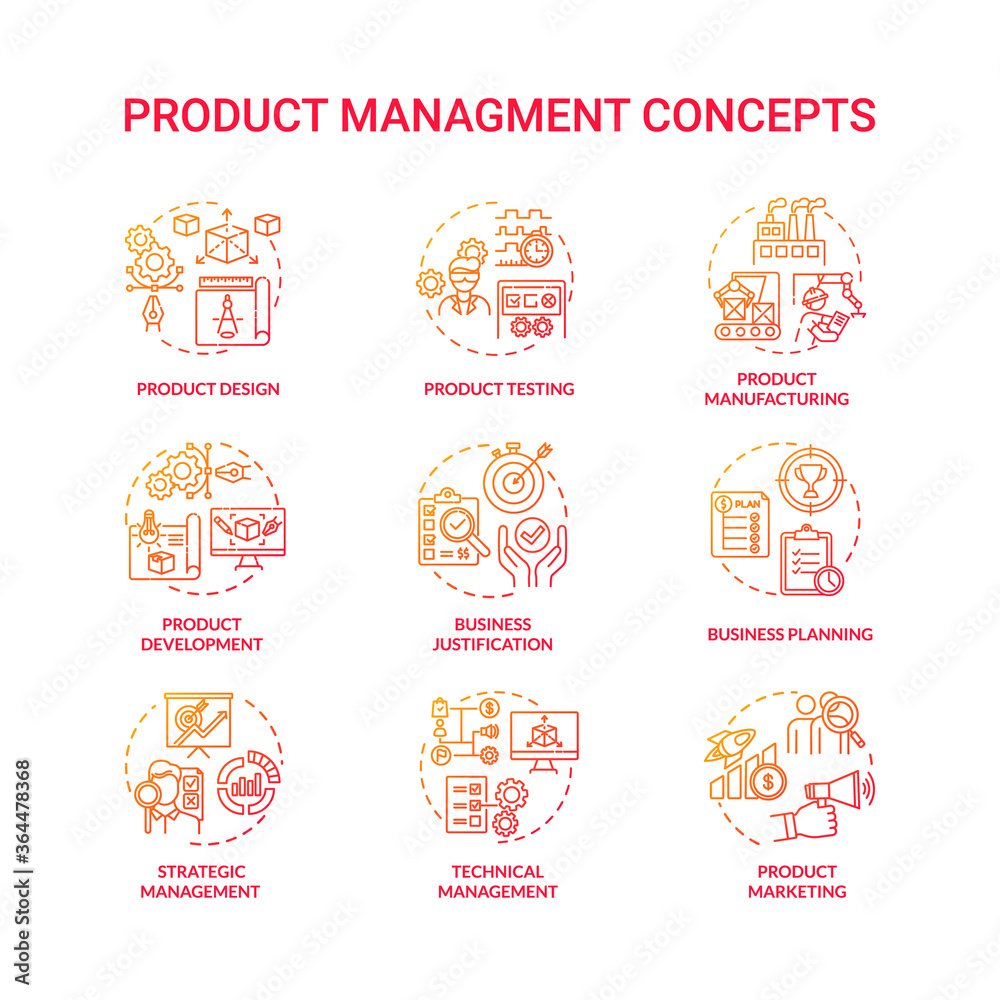 Product management red gradient concept icons set. Marketing strategy ...