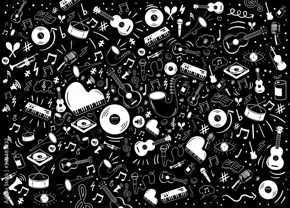 sfondo, icone, simboli, strumenti musicali, musica, concerto, Stock ...