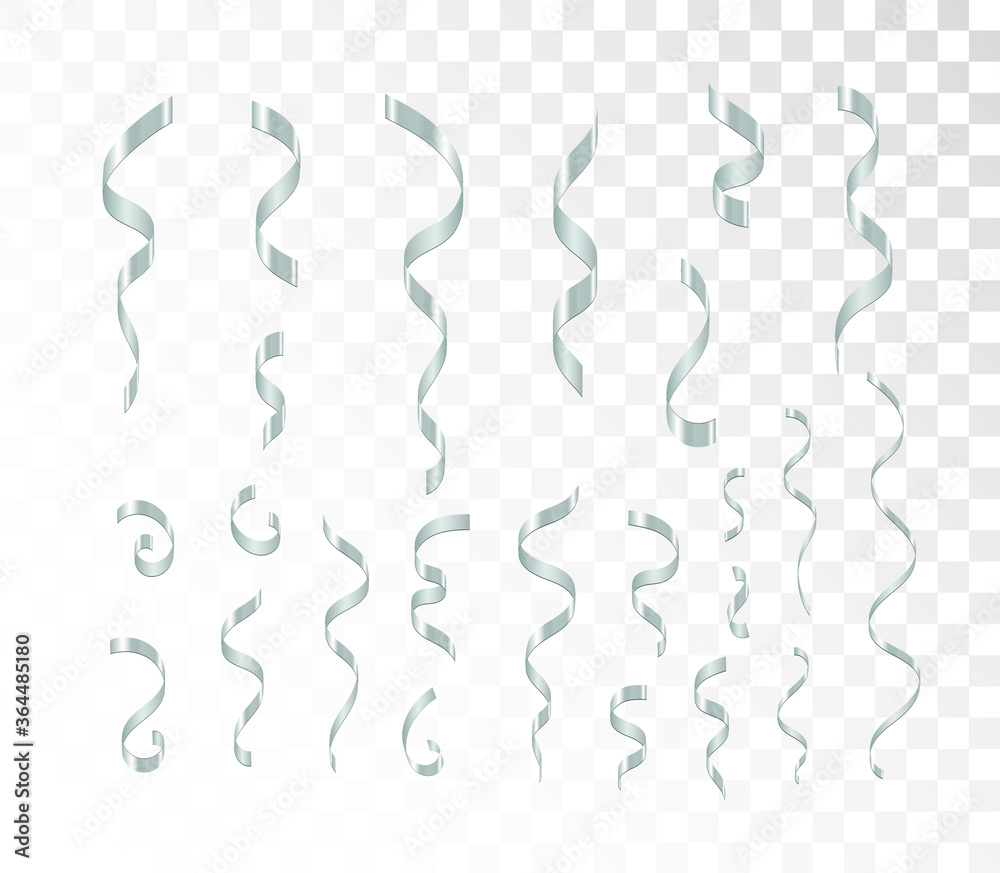 Set of vector silver ribbons on transparent background, holiday ...