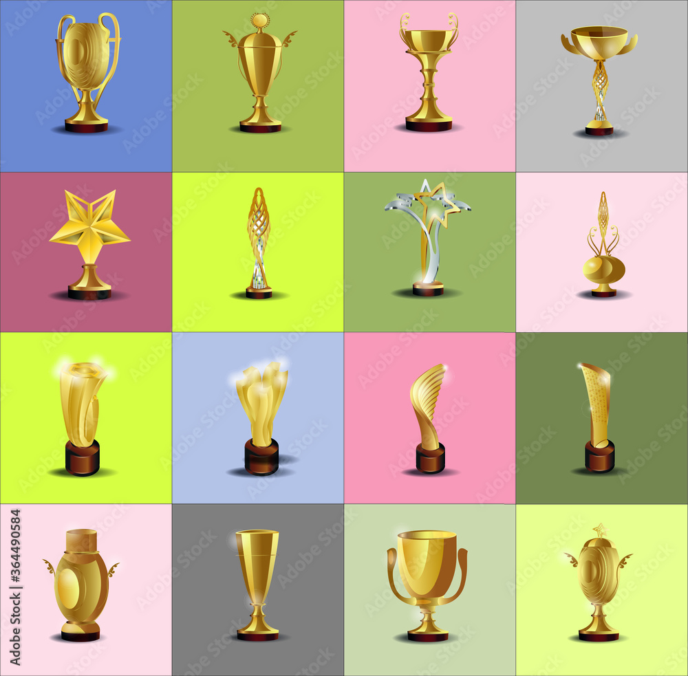 gold Trophy Cups and Awards in the form of abstract shapes with the ...