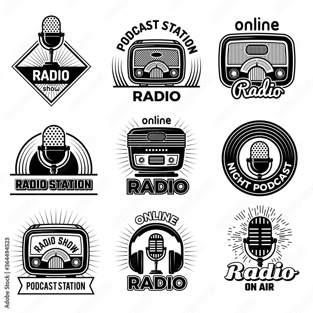 Radio badges. Music talking podcast air streaming show radio logos ...