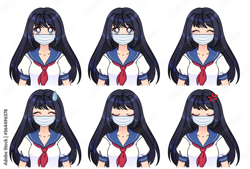 Set of anime expressions. Cute girl with long black hair wearing ...