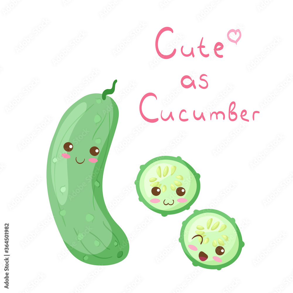 Kawaii vector illustration of green cucumber with sliced pieces ...