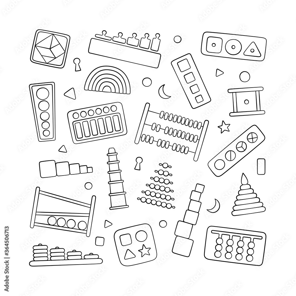 Vetor De Hand Drawn Kid Toys For Montessori Games Education Logic Toys vetor-de-hand-drawn-kid-toys-for-montessori-games-education-logic-toys