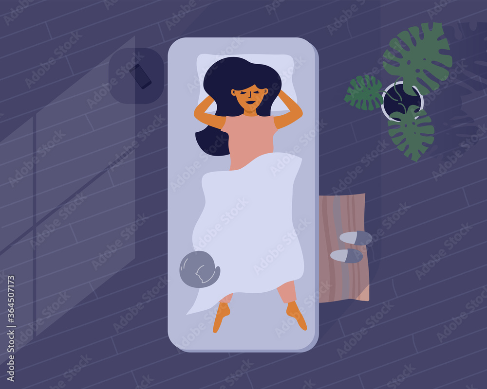 Healthy sleep concept. Girl and cat in bed. Night home interior with ...