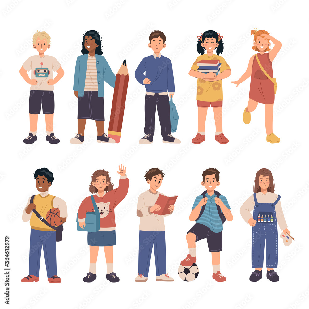 Elementary school students collection. Children back to school in flat ...