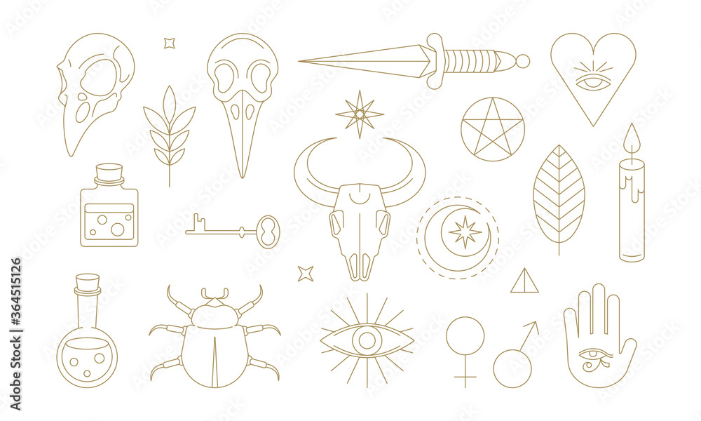 Various vector illustrations of outlined witchcraft symbols Stock ...