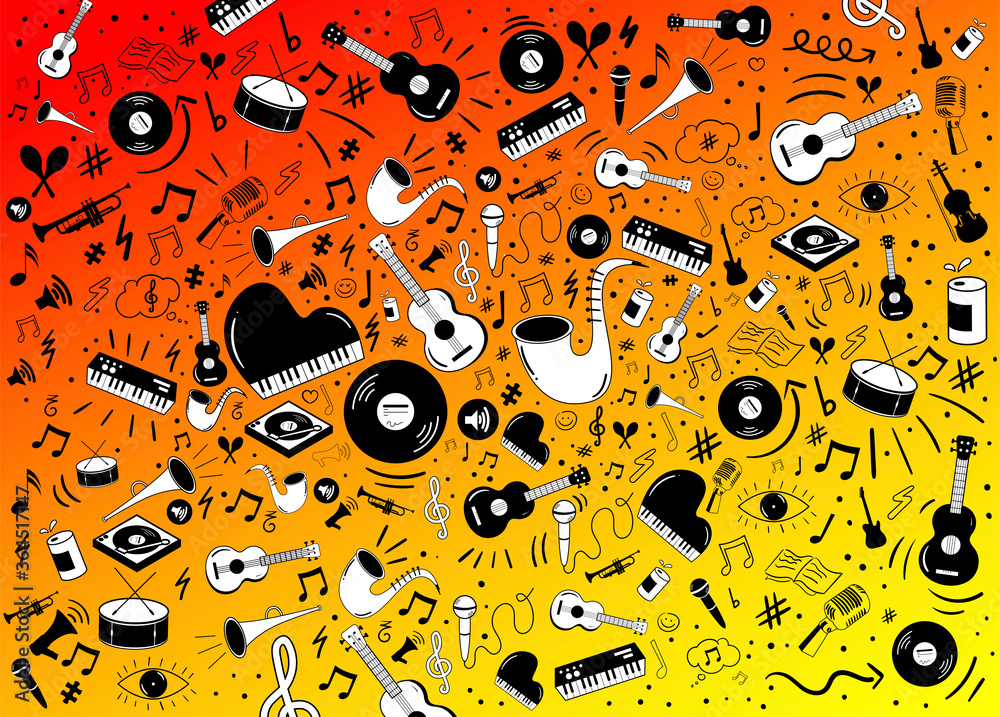 sfondo, icone, simboli, strumenti musicali, musica, concerto Stock ...