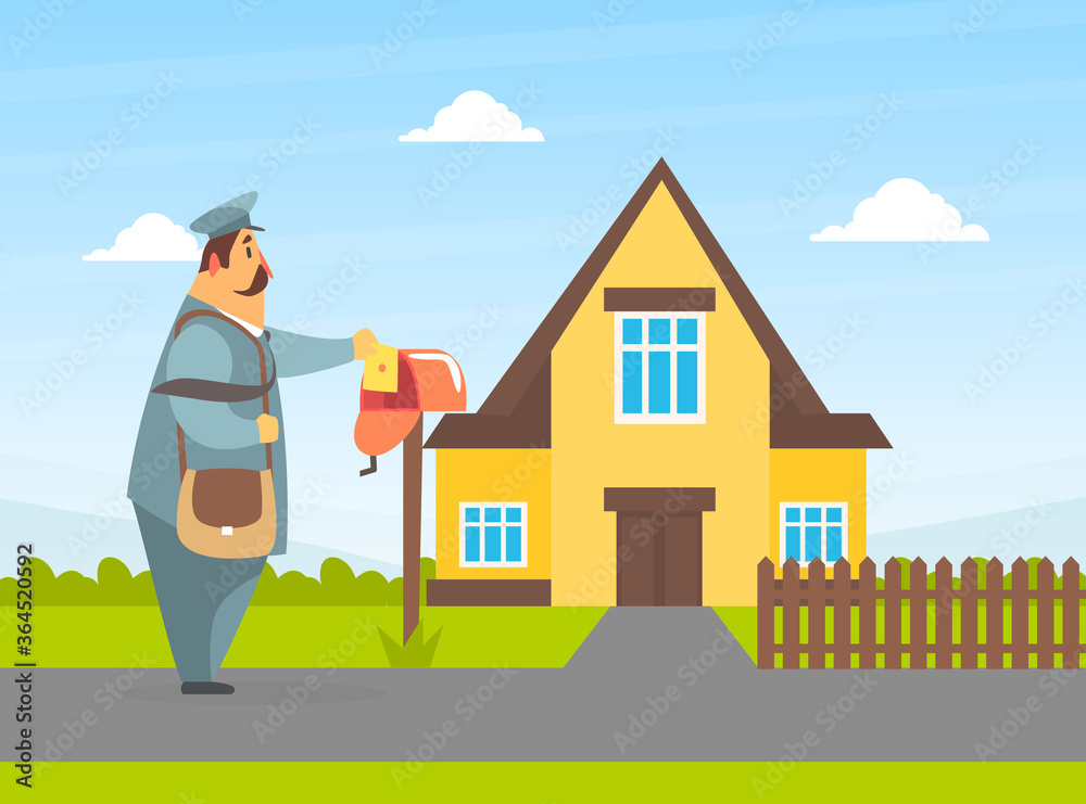 Postman in Uniform Putting Letter in Mailbox, Delivery Service Vector ...