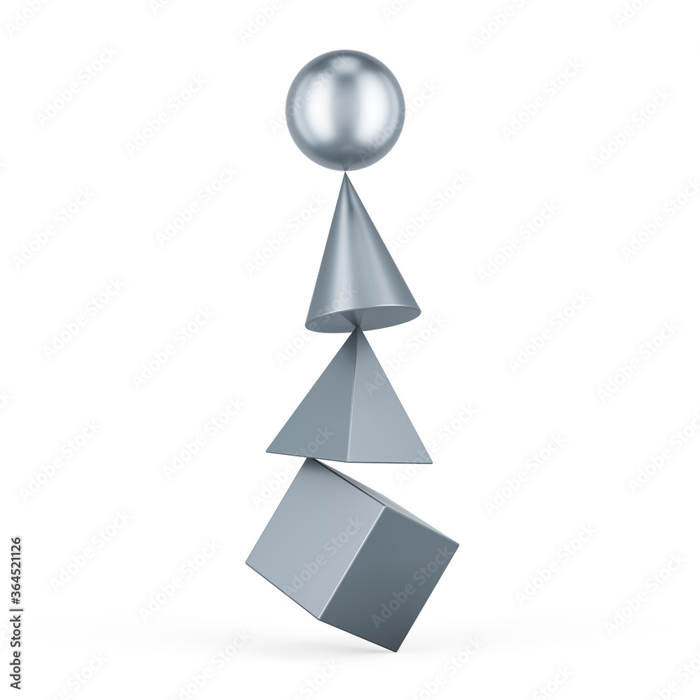 Balance concept from cube, cone, pyramid and sphere. 3D rendering Stock ...