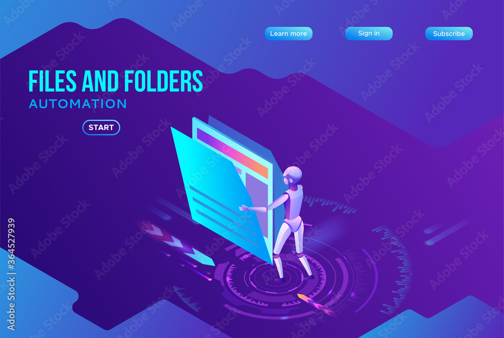 Data analysis, files and folders, robotic arm analyzes documents, kpi analytics, digital ...