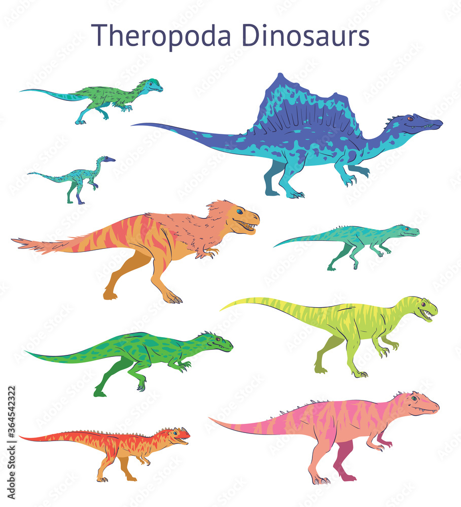 Set of theropoda dinosaurs. Colorful vector illustration of dinosaurs ...