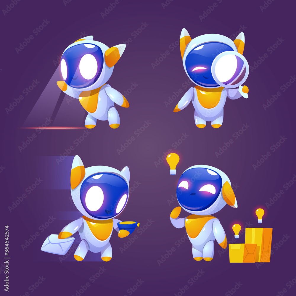 Cute robot character in different poses. Vector set of cartoon chat bot ...