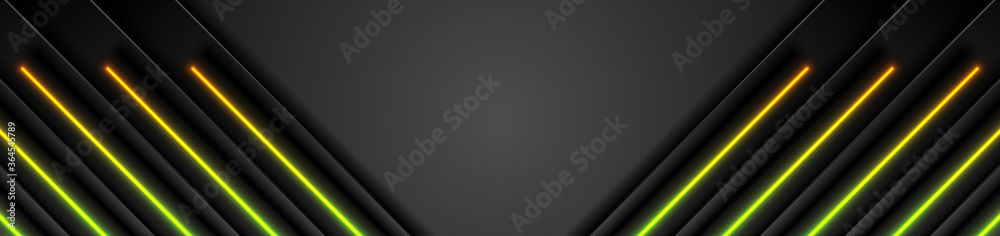Black tech abstract banner with yellow and green neon glowing ...