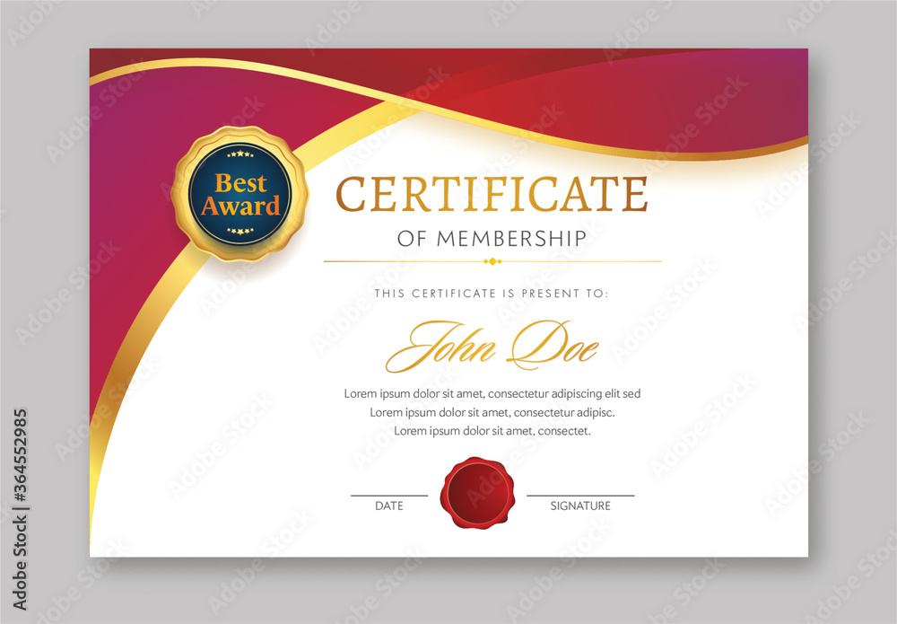 Membership Certificate Layout with Badge Design in Red and Golden Color ...